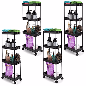 Thyle 4 Pack Slim Storage Cart 4 Tier Rolling Cart Organizer Bathroom Storage Cabinet Mobile Shelving Unit Rolling Utility Cart with Wheels for Kitchen Bathroom Laundry Office Narrow Places, Black