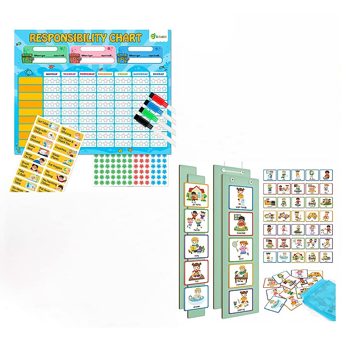 D-FantiX Magnetic Responsibility Chart and Visual Schedule Cards for Kids, Chore Chart for Multiple Kids, My Star Reward Chart Daily Routine Good Behavior Charts Dry Erasable for Toddlers at Home