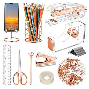 Aibocn Rose Gold Desk Accessories, Office Supplies, Acrylic Stapler, Staple Remover, Tape Holder, Pen 1000pcs Staples, Diamond Pen, Phone Scissors, Binder Clips, Ruler,Transparent Glue