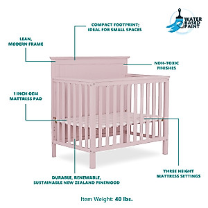 Dream On Me Ava 4-in-1 Convertible Mini Crib in Blush Pink, Greenguard Gold Certified, Non-Toxic Finish, Comes with 1" Mattress Pad, with 3 Mattress Height Settings
