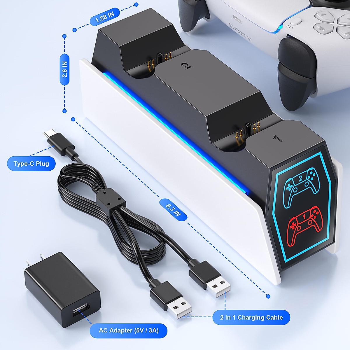heclynis PS5 Charging Station, Fast PS5 Controller Charger with 5V/3A Adapter, Dual PS5 Controller Charger Station for Dualsense/DualSense Edge