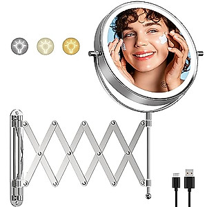 Rechargeable Wall Mounted Lighted Makeup Mirror, 1X/10X Magnifying Mirror with 3 Light Settings, 8 Inch 360° Swivel Extendable Bathroom Mirror, Double Sided Telescoping Mesh Vanity Mirror - Chrome