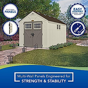 Suncast 13' x 8' Tremont Storage Shed with Windows - Natural Wood-like Outdoor Storage for Power Equipment and Yard Tools - All-Weather Resin Material, Skylights and Shingle Style Roof, 13' 2-3/4" by 8' 4-1/2"