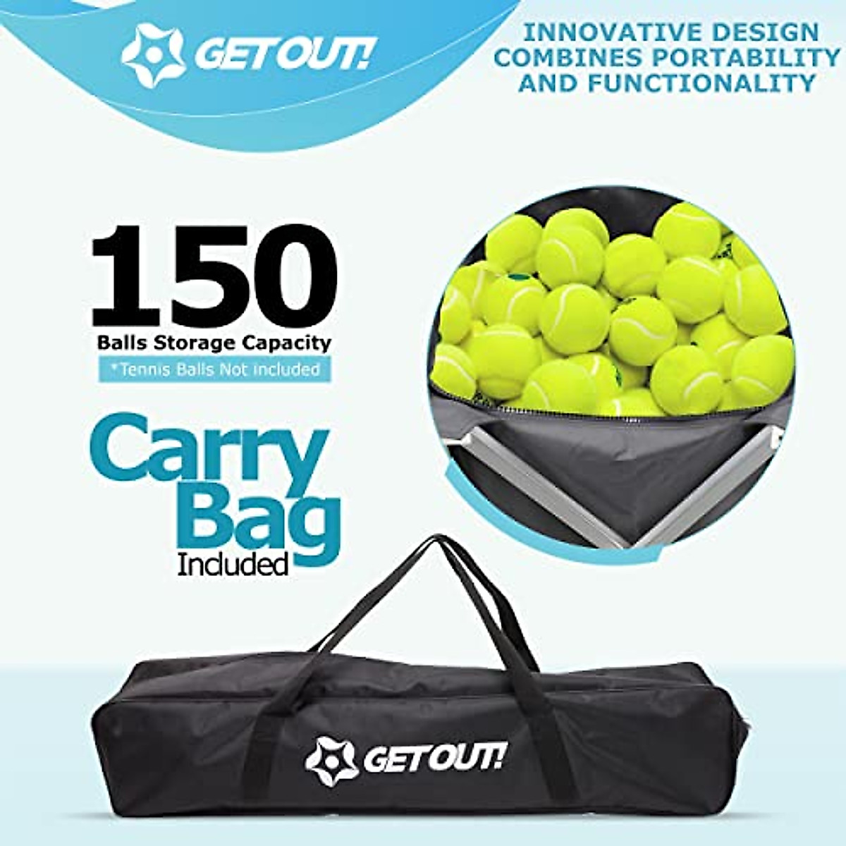 Get Out! Portable Tennis Ball Hopper Basket with Wheels - Tennis Ball Cart for 150 Racquetball, Pickleball, Baseball