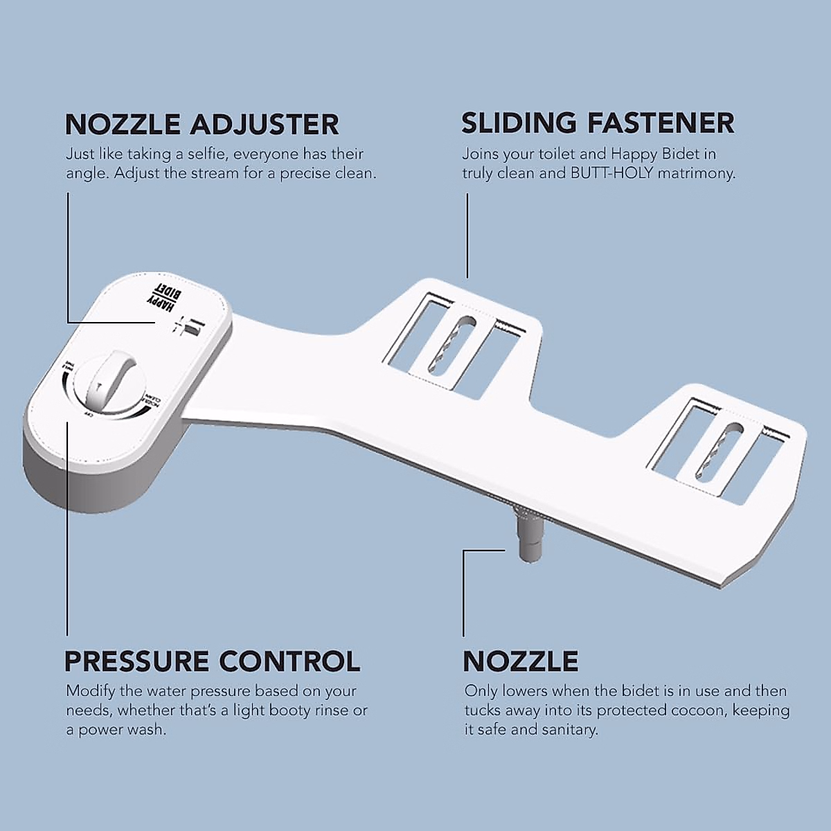 TUSHY Happy (Basic Toilet Seat Bidet Attachment) | Non-Electric, Adjustable Nozzle, Stream & Pressure. (Easy 10-Minute Install, No Plumbing or Electric Required), Save Toilet Paper & Trees!