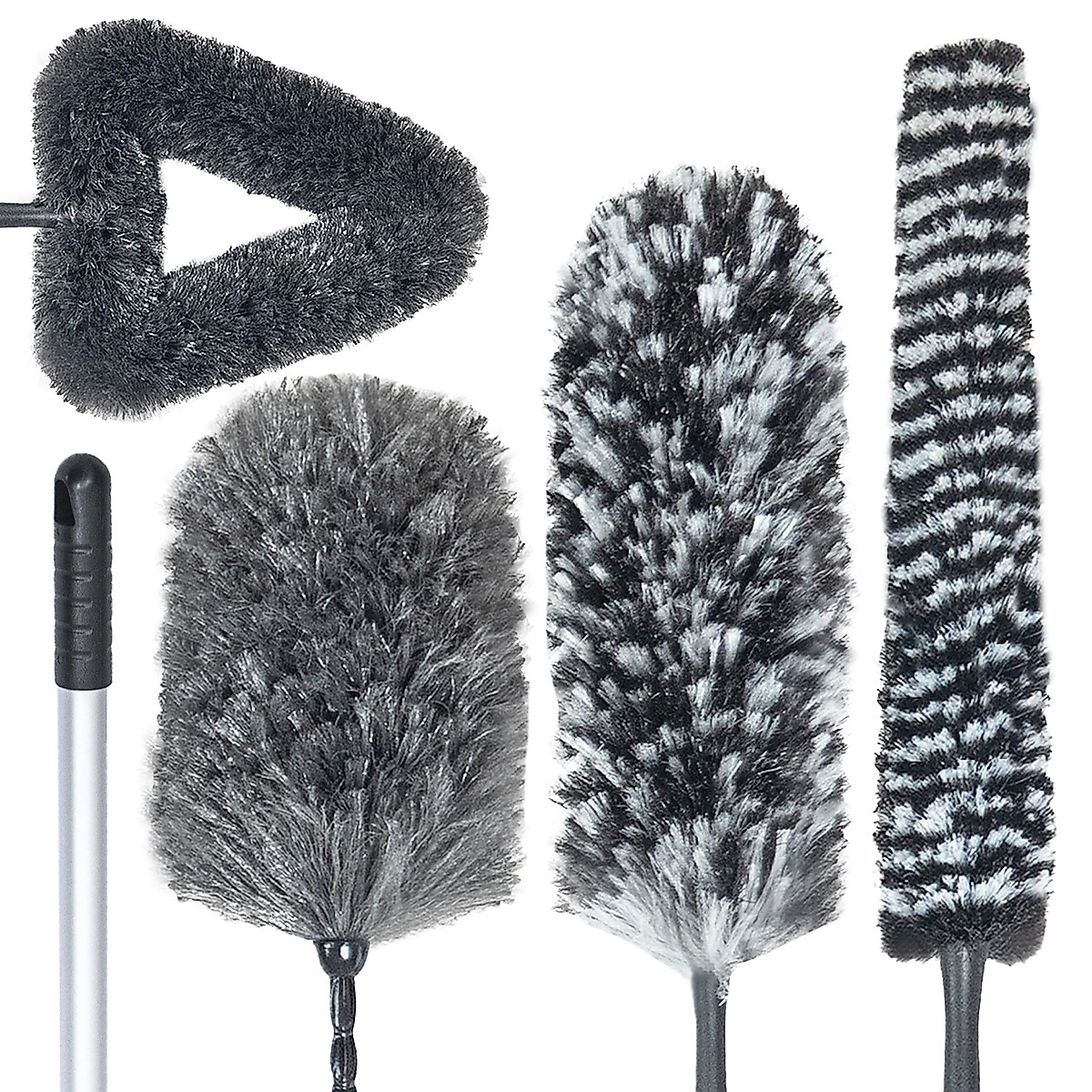 Rocktex Feather Duster Kit with 5.6ft Extension Pole, 4 Dusting Brush for Cleaning Home Wall Ceiling Fan Cobweb, Microfiber Static Washable Dusters, Black Dark Gray