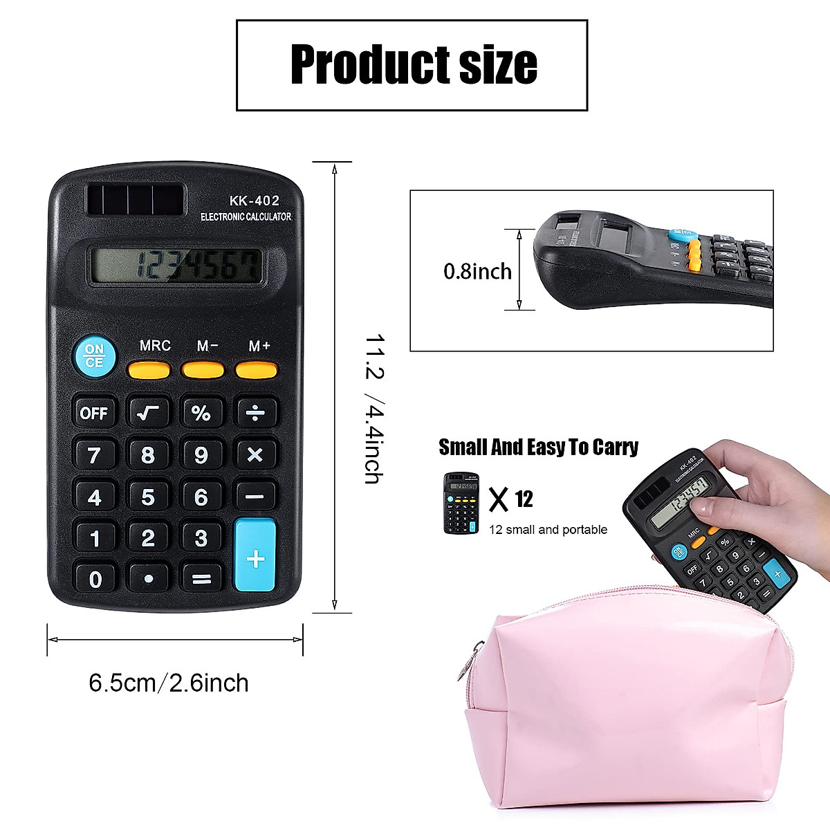 12 Pieces Pocket Size Mini Calculators Handheld Angled 8-Digit Display Calculator Basic Standard Calculators Small Accounting Desktop Calculator for Office School and Home
