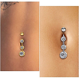 COCHARM Gold Dangling Belly Button Rings 14g Stainless Steel Belly Piercing Long CZ Dangly Navel Rings for Women Dangle Belly Bar