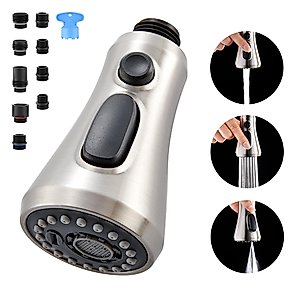 HEISOK Kitchen Faucet Head Replacement, 3-Function Pull Down Faucet Spray Head with 9 Adapters - Replacement Pull-Out Sink Spout Sprayer Nozzle, Brushed Nickel