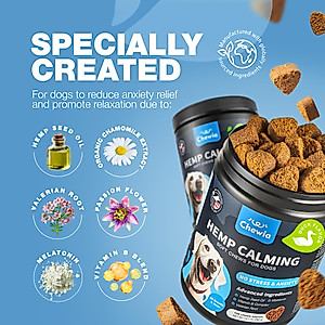 CHEWIA Hemp Calming Chews for Dogs Anxiety - 180 Duck Flavor Treats for Dog Calming with Valerian Root, Chamomile Extract & L-Theanine - Dog Chews for Vet Visits, Travel, Thunderstorms, Nail Trimming