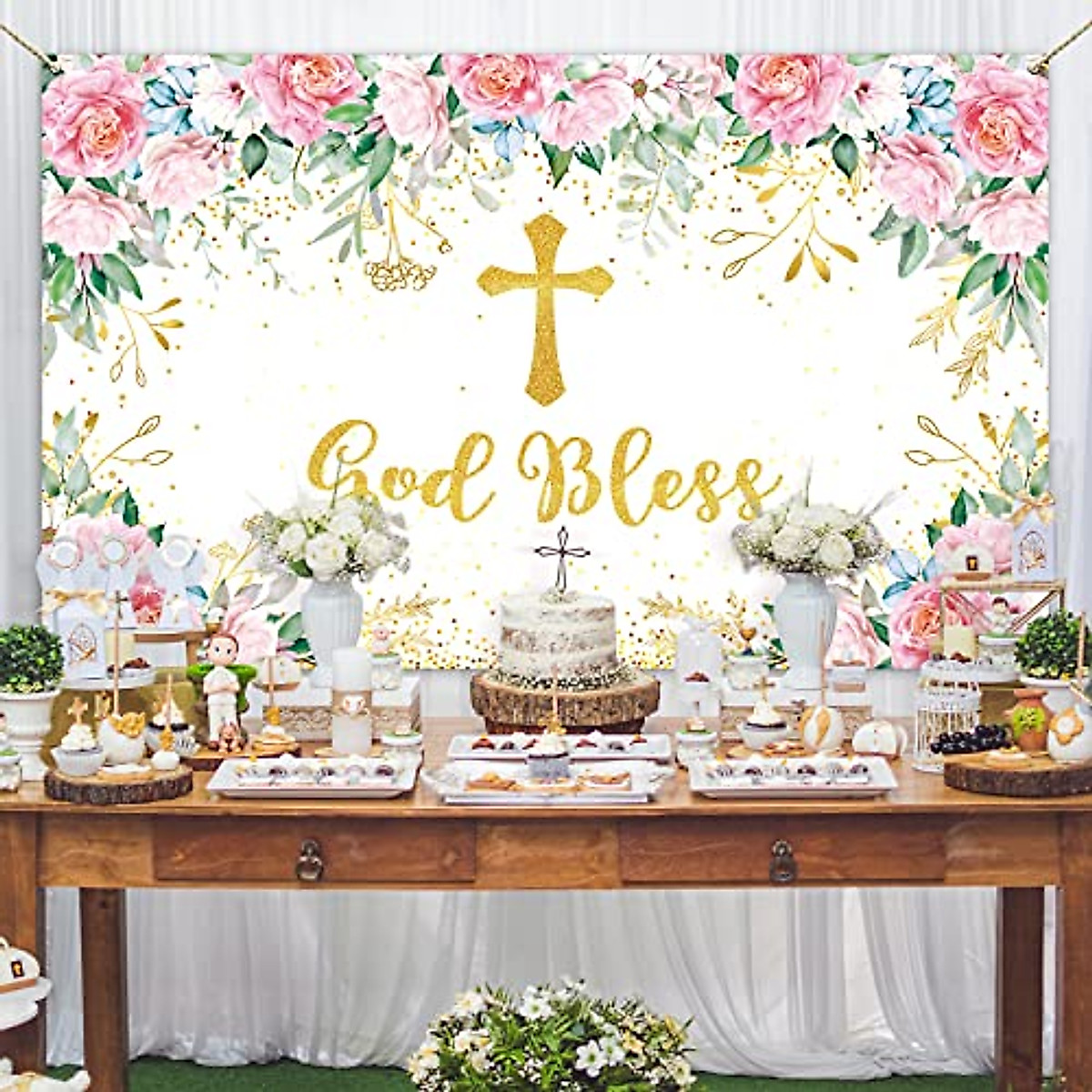 God Bless Backdrop Baptism First Holy Communion Banner Mi Bautizo Baby Shower Party Decorations Christening Ceremony Newborn Banner Flowers Leaves Floral Photography Background Decor Supplies