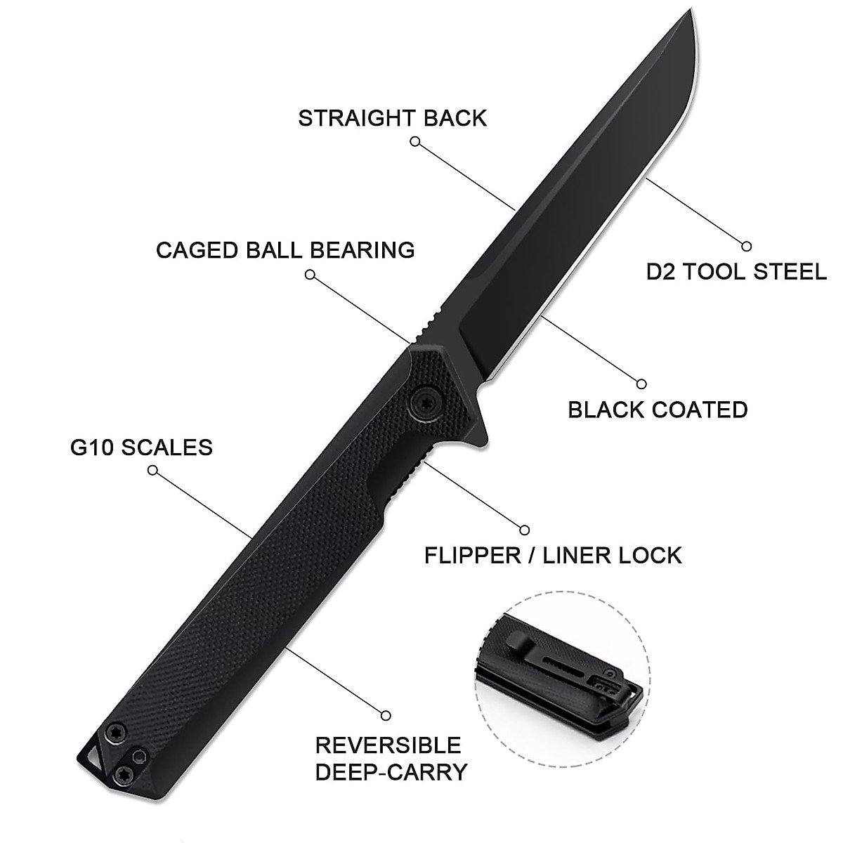 EMHiii Flipper Pocket Folding Knife: 3.54" D2 Steel Black Blade, G10 Scales, Slim EDC Knives with Reversible Deep Clip for Men and Women
