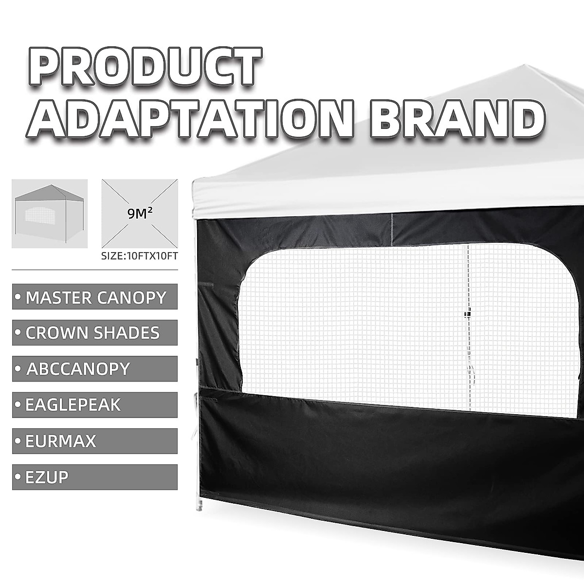 Turtle Life Sunshade Sidewall with Mesh Window and Zipper for 10x10 Pop Up Straight Canopy, 1 Pack,Black