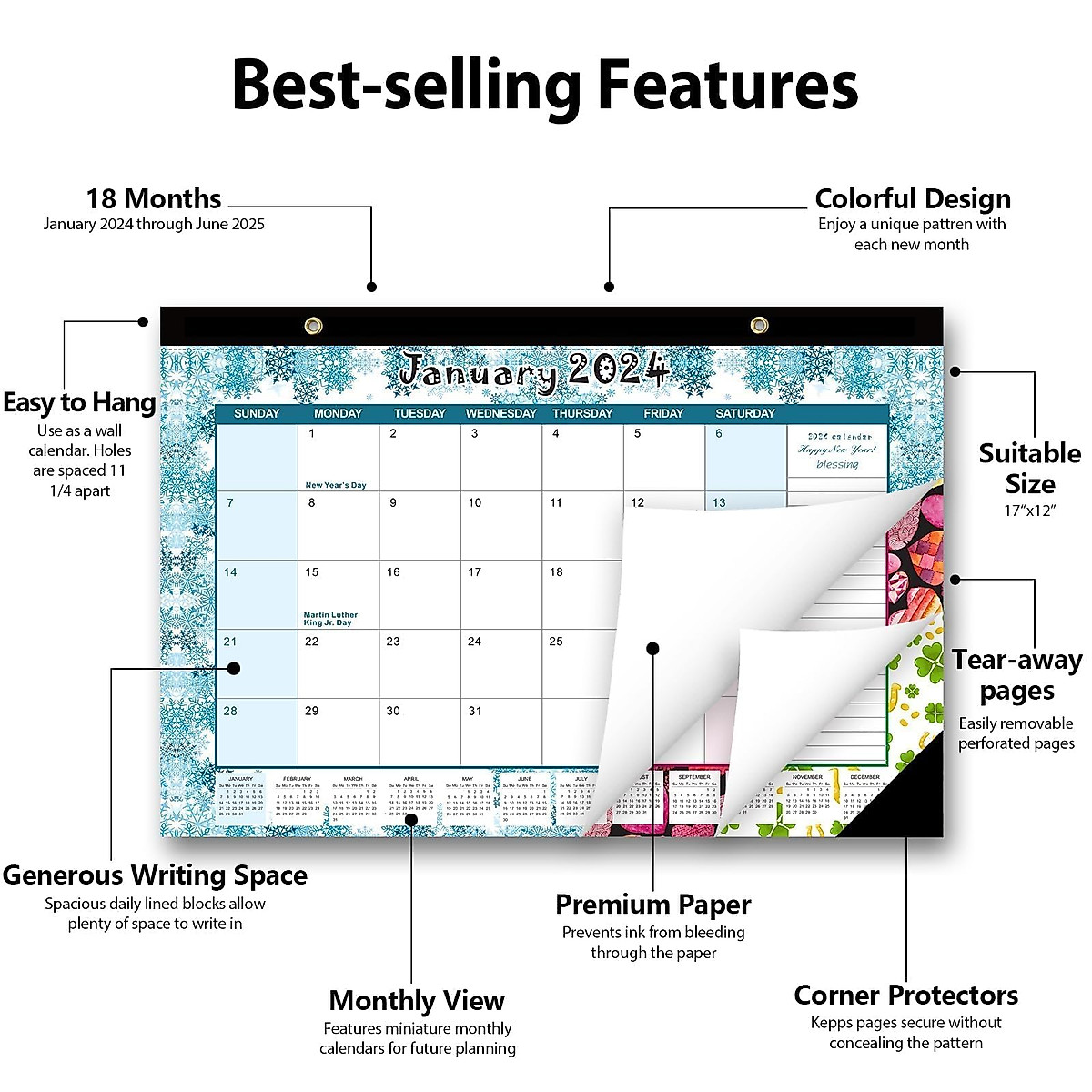 Desk Calendar 2023: Monthly Pages 17 x 11-1/2 Inches Runs from January 2023 to June 2024 - 18 Monthly Calendar with Corner Protectors for School, Home and Office