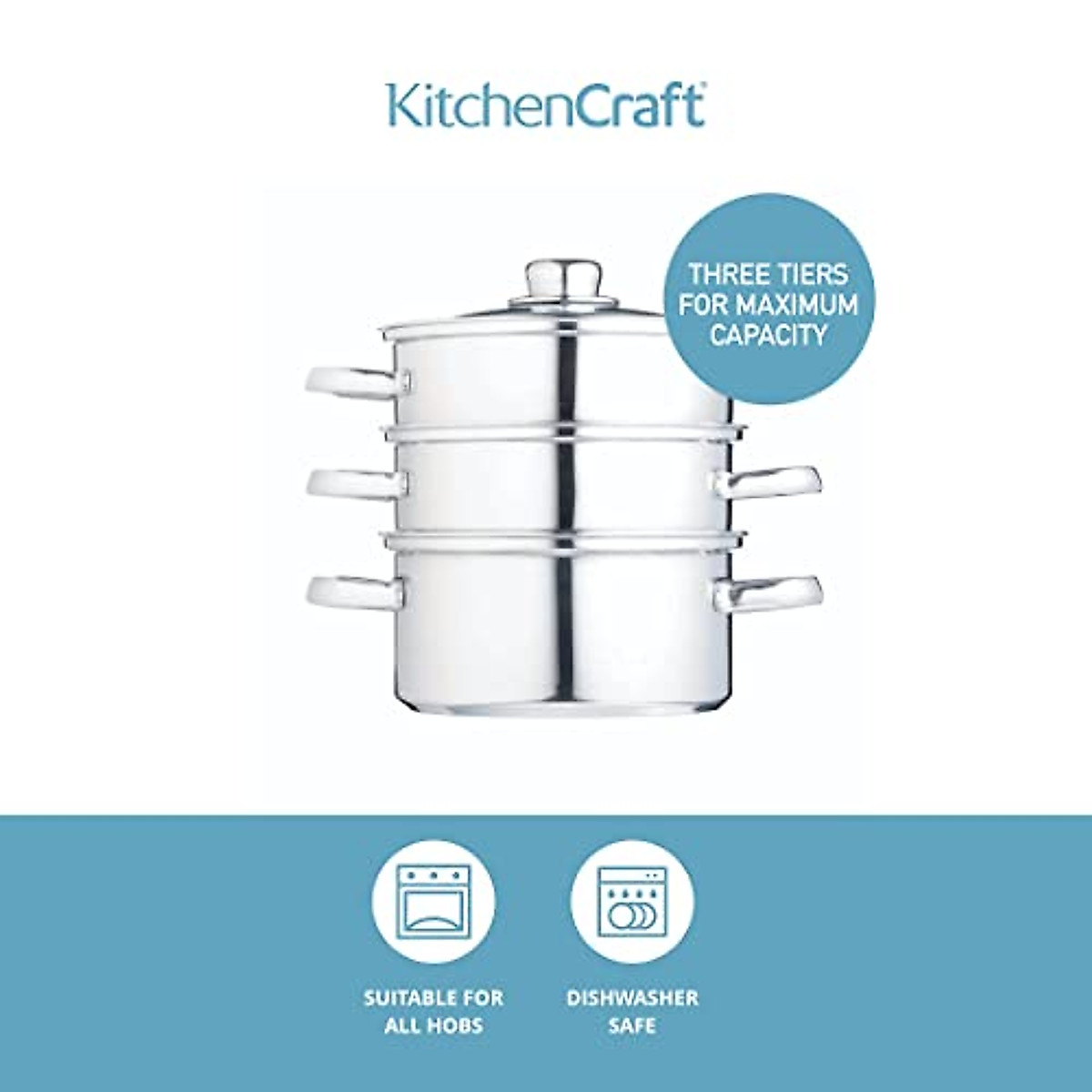 KitchenCraft KCCVSTEAM16 3 Tier Food Steamer Pan/Stock Pot in Gift Box, Induction Safe, Stainless Steel, 16 cm