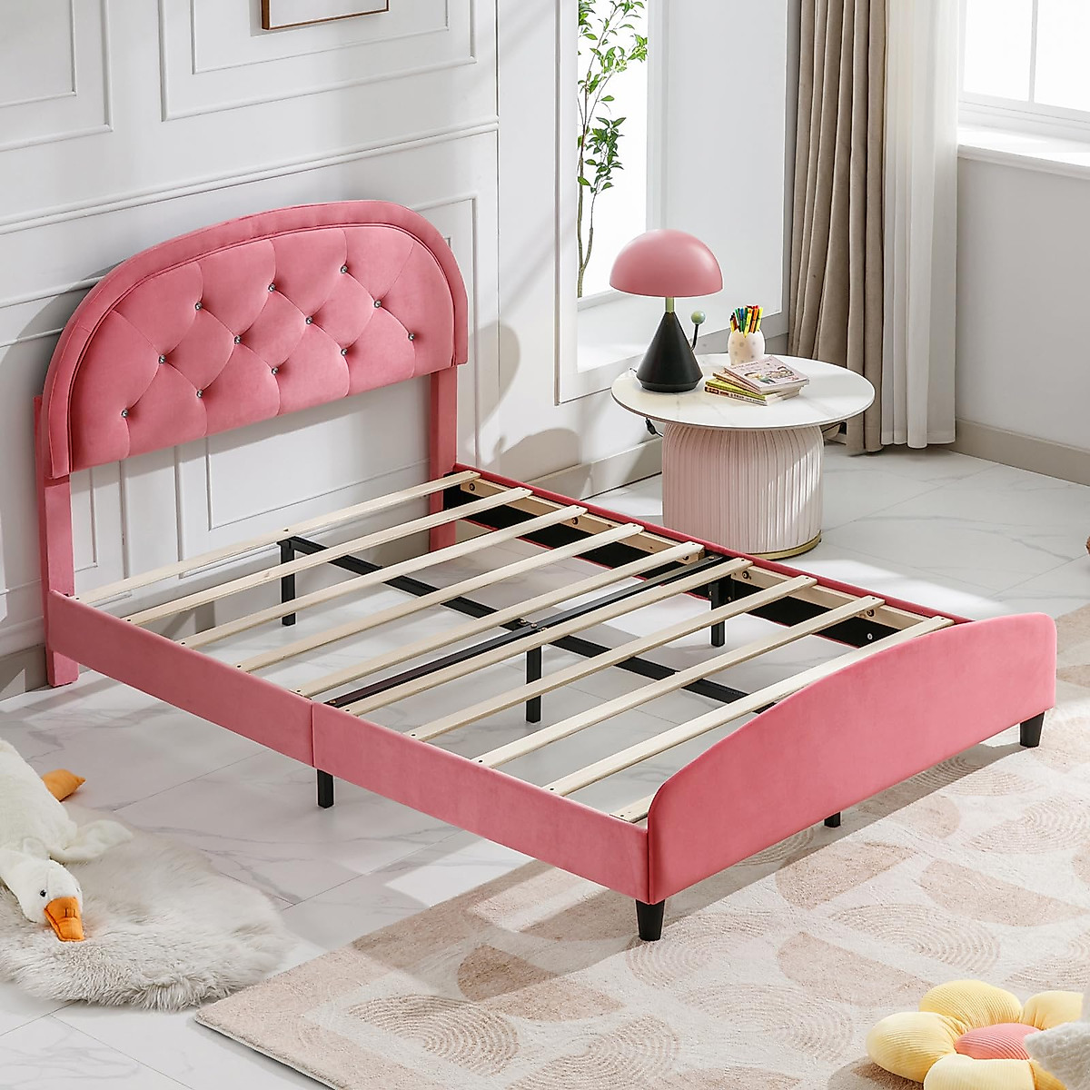 PUREMIND Twin Bed Frame for Kids, Kids Bed with Crystal Tufted Headboard, Princess Bed for Childs, Pink Dutch Velvet, Non-Slip Legs, Solid Wood Slats, Easy Assembly-Crystal Twin