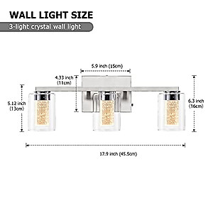 SADENICEL Brushed Nickel Vanity Lights, 3-Light Bathroom Light Fixtures, Crystal LED Bathroom Lights Dimmable White/Neutral/Warm Light with Clear Glass Shade for Bathroom Bedroom Hallway Lighting