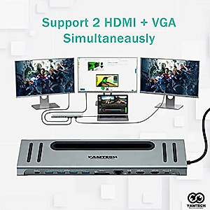 USB C Docking Station, YAMTECH 12-in-1 USB C to Dual 4K HDMI Adapter, USB C HUB Dual Monitor for Windows 4KHDMI*2,100WPD SD/TF,USB3.0,USB C, Ethernet,Laptop Docking Station for Dell/HP/Lenovo/Surface
