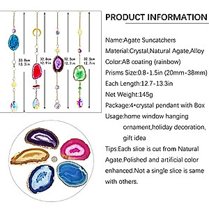 4pcs Natural Agate Slice Suncatchers AB Coating Crystal Prisms Wind Chimes Ornaments Rainbow Maker Hanging Pendant for Window Home Garden Decor