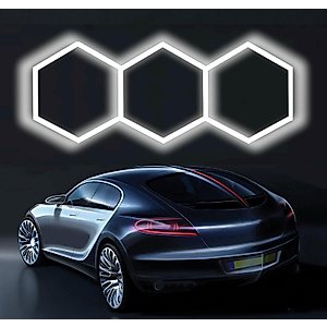 SENKOYU LED Car Garage Light, Attachable Plug in Ceiling Light, 96W 10640LM 6500K Daylight White, IP54 Hexagonal Shop Light for Car Detailing, Garage, Workshop and Gym (3 Hexagonal Grids)