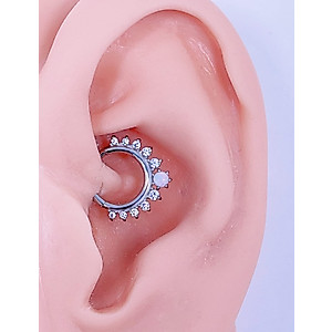 FANSING White Opal Septum Rings for Women 16 Gauge Septum Clicker Surgical Steel Septum Piercing Rings 16g Septum Jewelry 8mm Spike Septum Hoop with Clear CZ