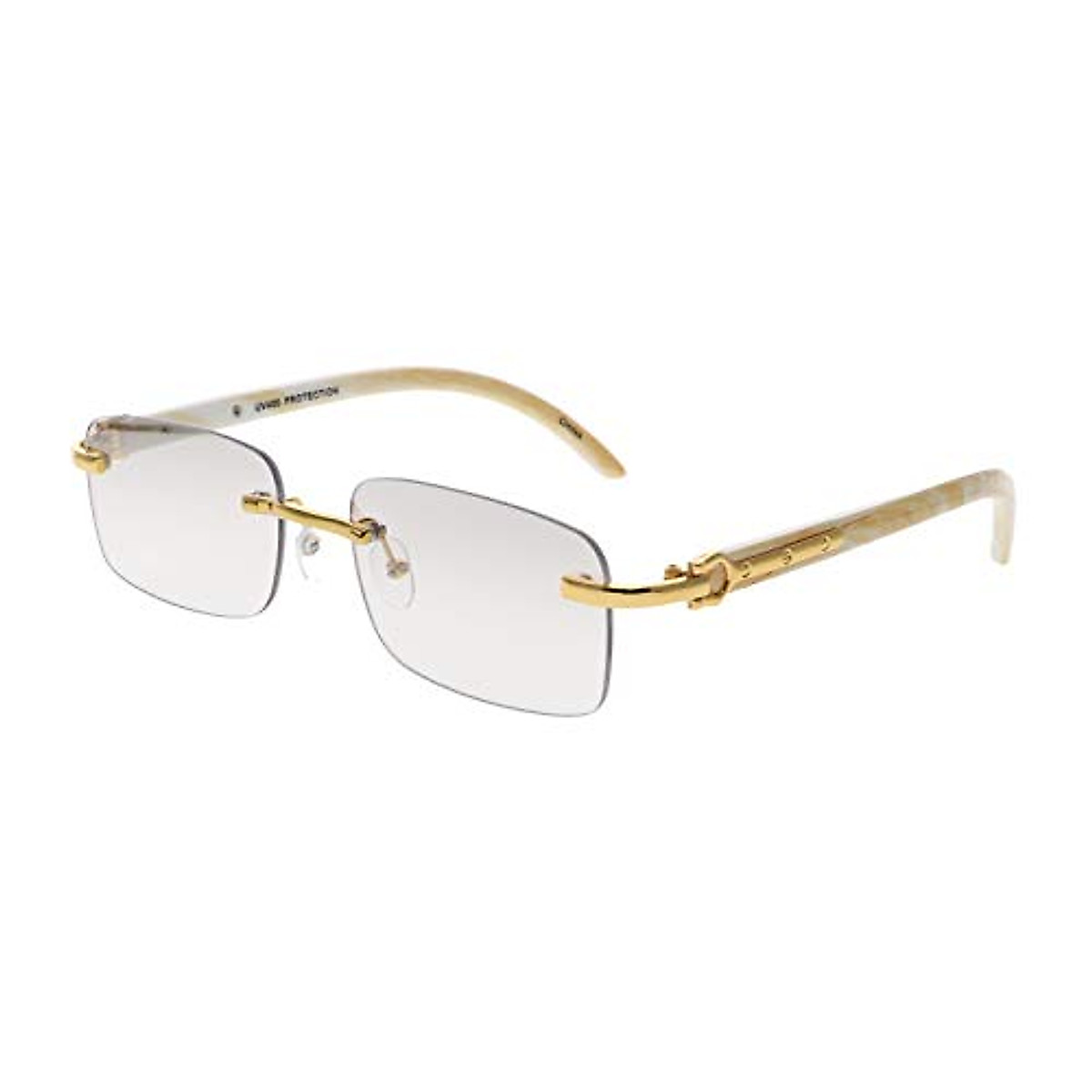FLAWLESS EYEWEAR Retro Wood Buffs Vintage Style Gangster Rimless Clear Lens Rectangular Metal & Wood Eye Glasses (Cream-Gold/Tinted Clear Lens)