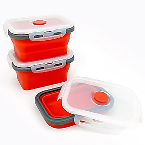CCyanzi 3piece Collapsible Food Storage Containers with Lids, Silicone Lunch Container, Microwave & Freezer Safe, Space Saving for Kitchen Cabinet and Camping Backpack,(red gray)