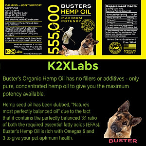 K2xLabs 3Pack-6Month Supply, Buster's Organic Hemp Oil for Dogs and Pets, 555,000 Max Potency, Large 60ml Bottle - Miracle Formula, Perfectly Balanced Omegas 3, 6, 9 - Joint Support, Calming