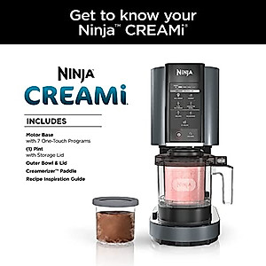 Ninja NC299AMZ CREAMi Ice Cream Maker, for Gelato, Mix-ins, Milkshakes, Sorbet, Smoothie Bowls & More, 7 One-Touch Programs, with (1) Pint Container & Lid, Compact Size, Perfect for Kids, Matte Black (Renewed)
