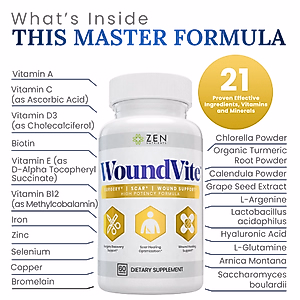 Zen Nutrients WoundVite Pre & Post Surgery Support, Scar & Wound Care, Scar Treatment, Plastic & General Surgery, Heal Faster & Aids in Recovery Time w/ Bromelain, Turmeric & Arnica - 60 Vegan Caps