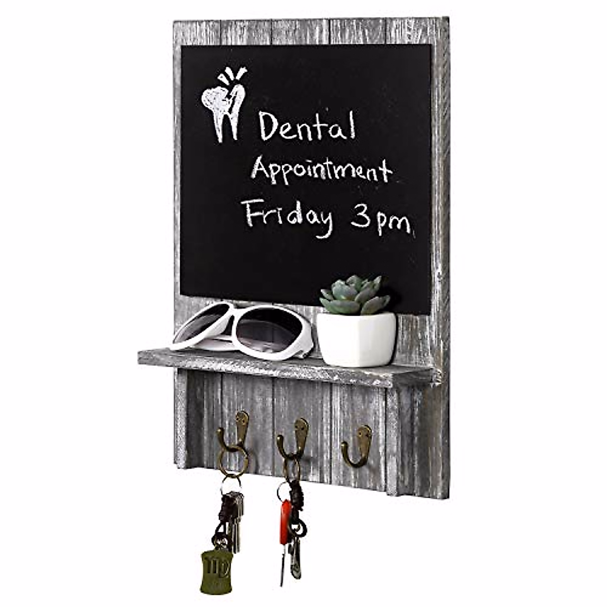 MyGift Wall Mounted Rustic Gray Wood Entryway Key Holder Organizer Rack with Chalkboard, Storage Display Shelf and 3 Hooks