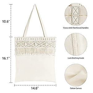 Mkono Canvas Tote bag for Women Boho Aesthetic Shoulder Handbag with Macrame Fringe Reusable Shopping Bag Lightweight Unique Gift Bag Cute Tote Bag for School Work Beach Travel Wedding Holiday