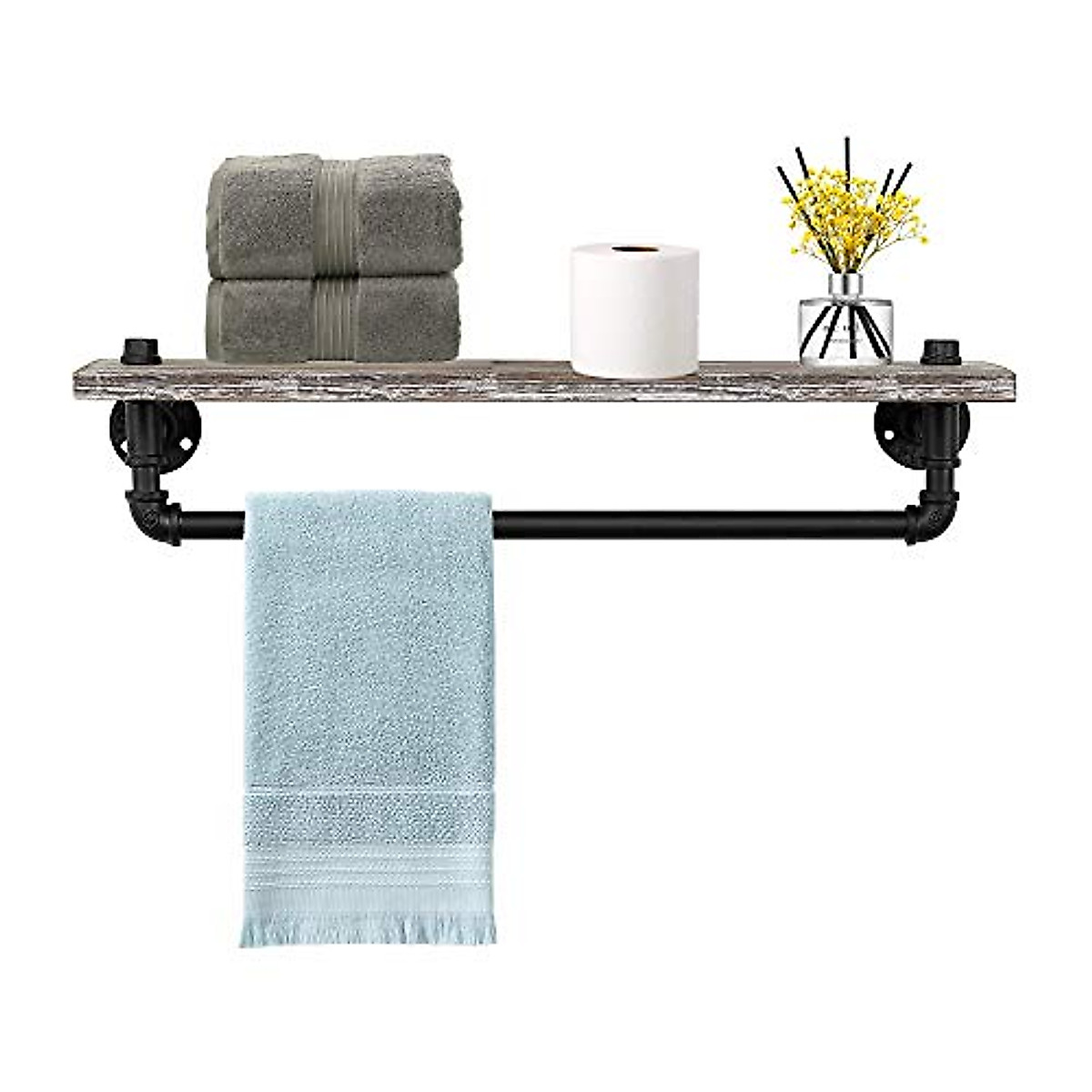 BSTGIFTS Industrial Pipe Shelf with Towel Bar，Wall Mounted Shelving with Towel Bar Rack for Bathroom, Wood Rack