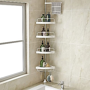 Corner Shower Caddy Tension Pole: Adjustable Stainless Steel Shower Organizer with 4 Tier Shelf for Bathroom Bathtub Tub Shampoo - Floor Standing Rack Bath Storage Holder with Rust Proof Rods