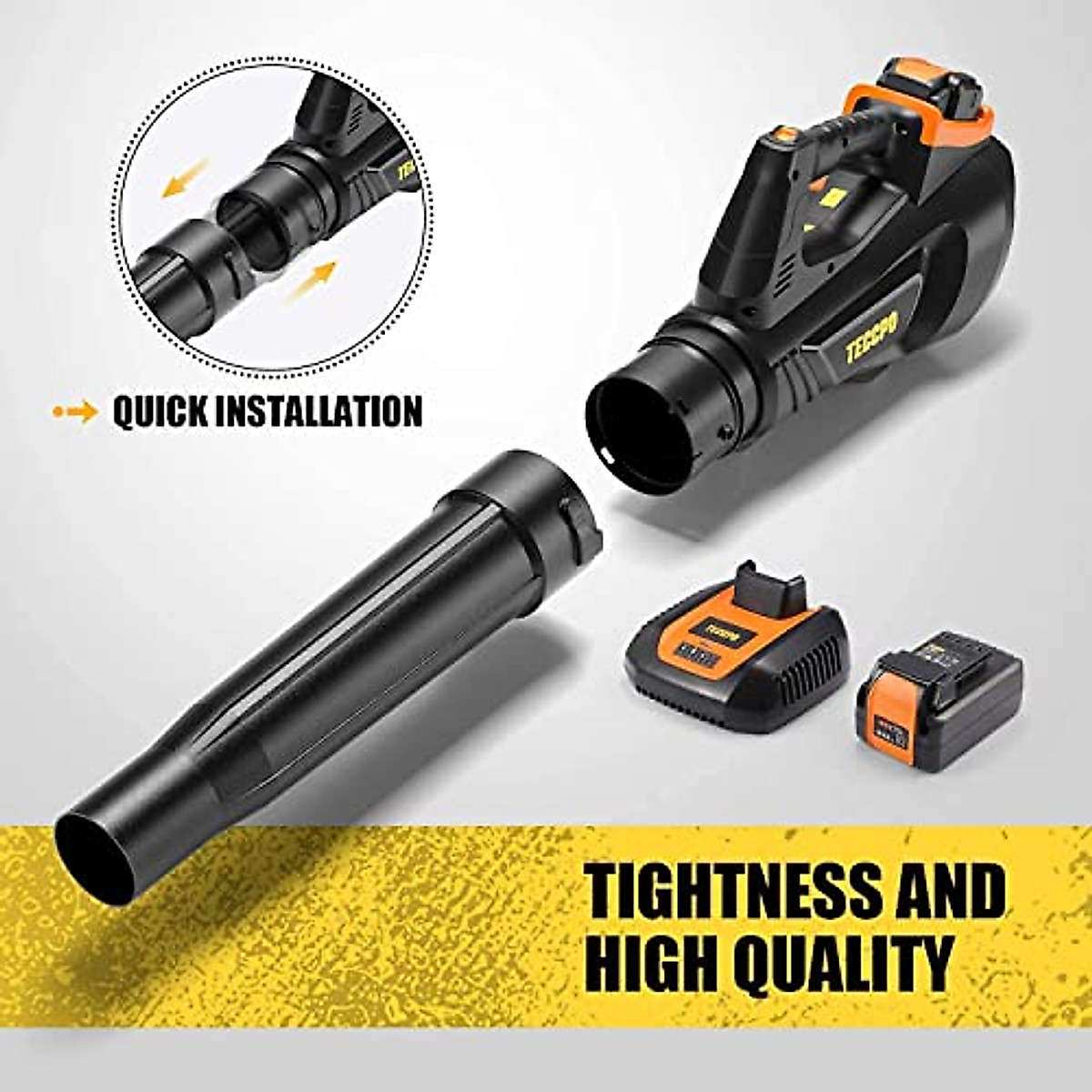 TECCPO 40V Cordless Leaf Blower Brushless, 420 CFM/110 MPH, 2.5Ah Samsung Battery and Charger Included, Fast Installation, 5-Speed Axial Blower, for Lawn Care and Snow Blowing -TDLB4025A