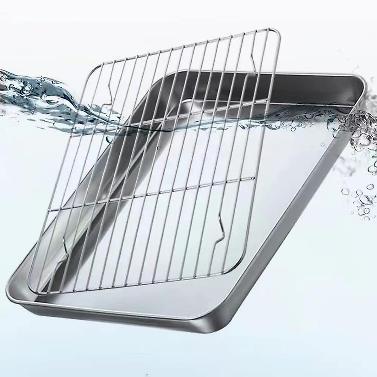 N&S AMOCWJ Food Grade Cookie Sheet with Wire Rack, Half Baking Pan for Oven Cooking, Stainless Steel Rimmed Tray Cooling Roasting Broiling Bacon Meat Steak - Dishwasher Safe (XL), Silver