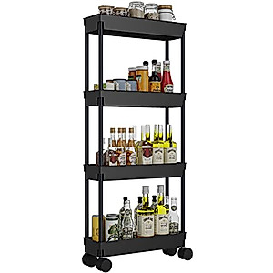 Sooyee 4 Tier Slim Storage Cart,Rolling Storage Cart,Narrow Shelf,Bathroom Rack,Mobile Shelving Unit Organizer for Kitchen, Bathroom, Laundry Room, Black