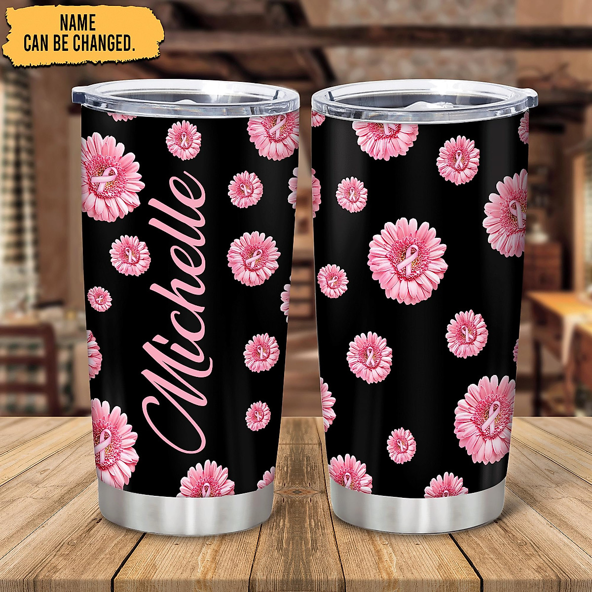 Hyturtle Personalized Breast Cancer Awareness Gifts For Women - Custom Name Stainless Steel Tumbler Coffee 20 oz - Pink Daisy Print Breast Cancer Gifts For Friend, Mom On Awareness Month, Christmas