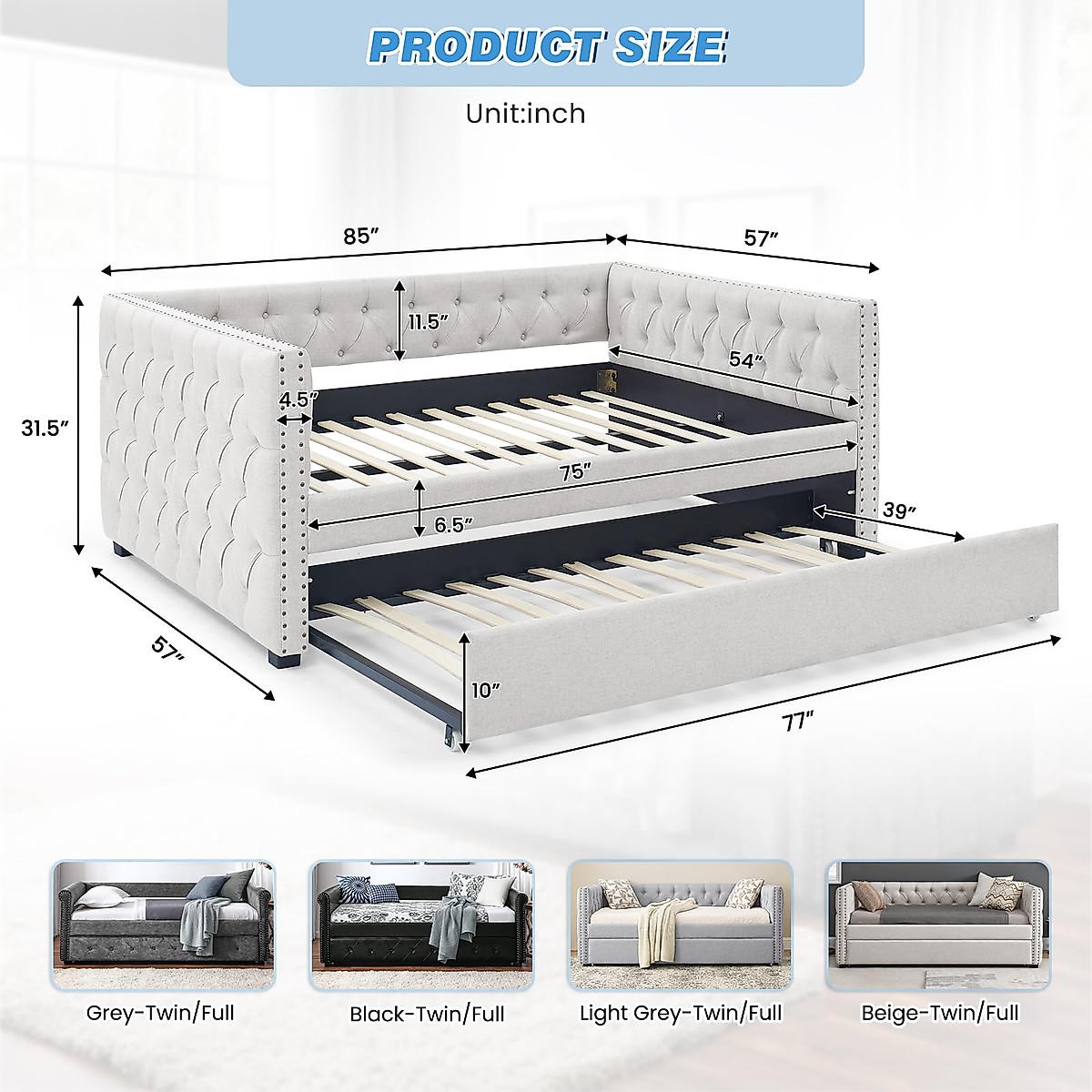 Antetek Daybed with Trundle, Modern Upholstered Full Size Button-Tufted Sofa Bed Frame with A Roll-Out Trundle, No Box Spring Needed, Furniture for Bedroom Living Room Guest Room (Beige, Full)