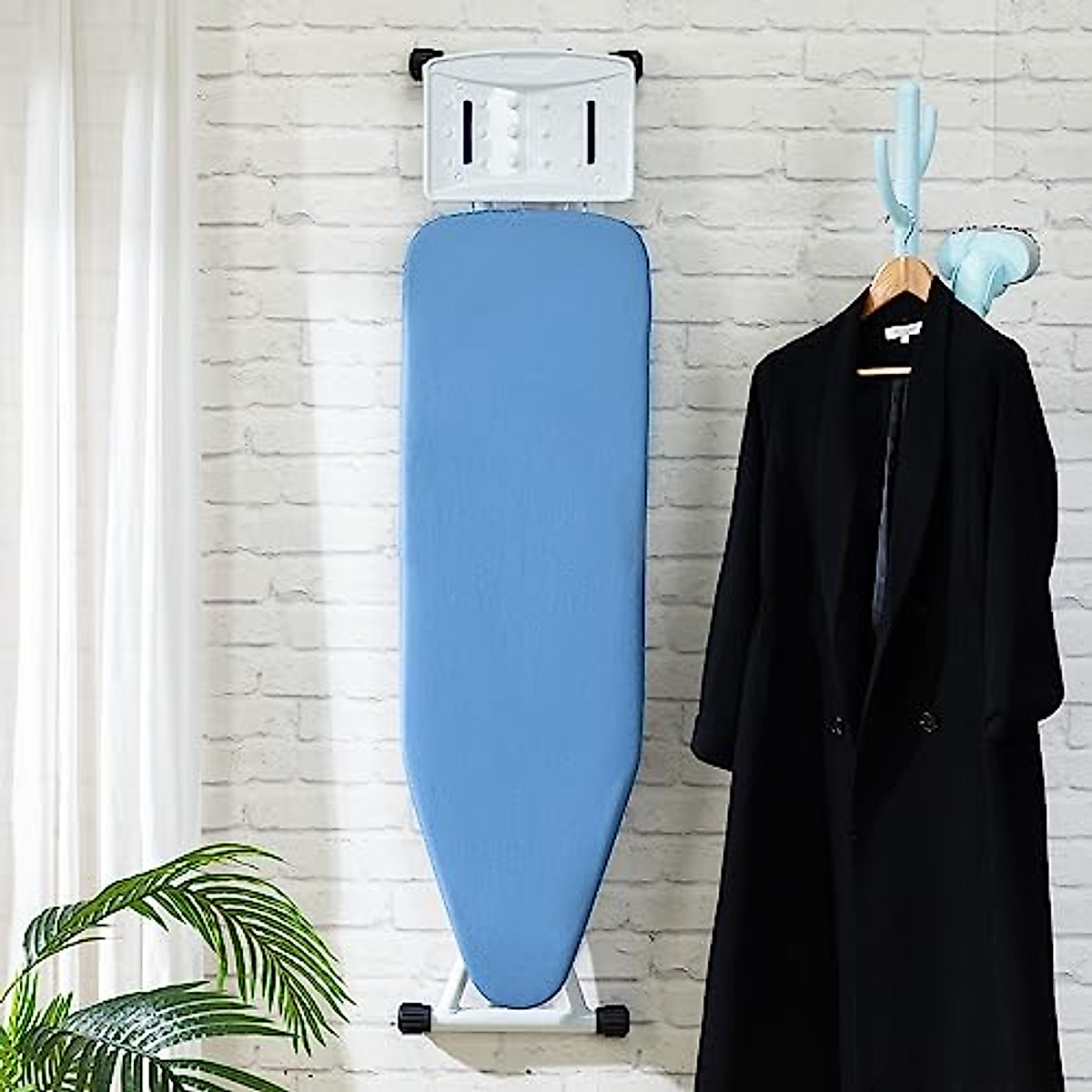 ALIMORDEN Space Saver Ironing Board 43" X 13" with Smart Hanger Adjustable Height 28"-35" Easy Storage, Heat Resistant Silicone Tray, Padded Top Blue