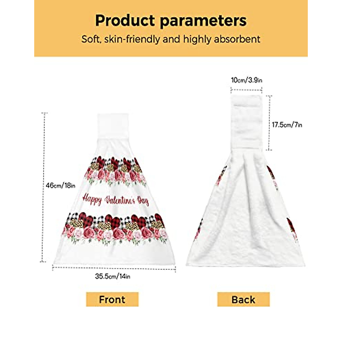 Hanging Kitchen Towels 2 Pack, Happy Valentines Day Hand Towel with Loop Absorbent Dish Cloth Tie Towels for Bathroom Laundry Room Decor Hand Dry Towel Rose Heart Plaid Leopard Print