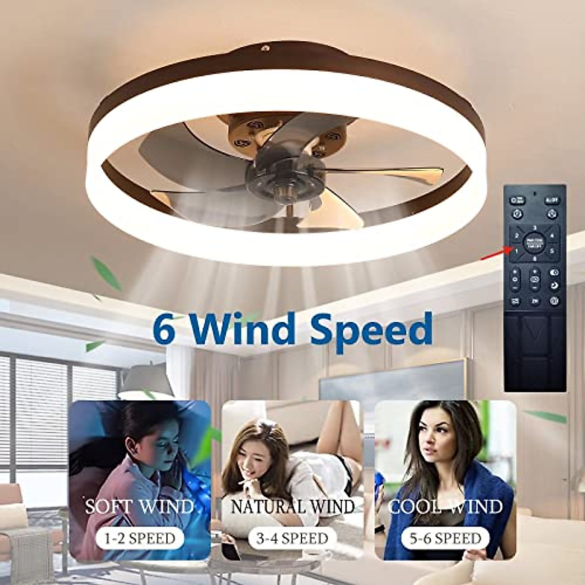 LCYFBE 20" Modern Ceiling Fan with Light, Dimmable LED 6 Speeds Reversible Blades Timing with Remote Control, Semi Flush Mount Low Profile ceiling fan with light for home bedroom, Black
