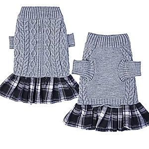 Dog Sweaters Plaid Dress, Puppy Warm Knitwear Dress for Dogs Cats, Cold Weather Doggie Kitten Apparel, Turtleneck Pet Dresses Outfits with Leash Hole for Yorkie Shih Tzu Teddy Bichon Frise Chihuahua