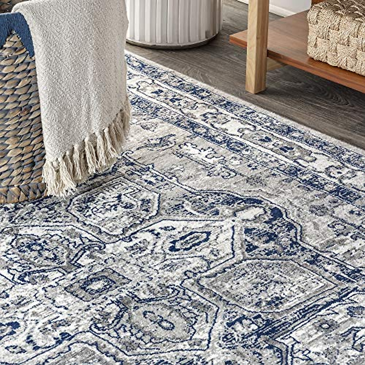 JONATHAN Y MDP106B-8 Modern Persian Vintage Medallion Traditional Indoor Area -Rug Country Easy -Cleaning Bedroom Kitchen Living Room Non Shedding, 8 X 10, Light Grey/Navy