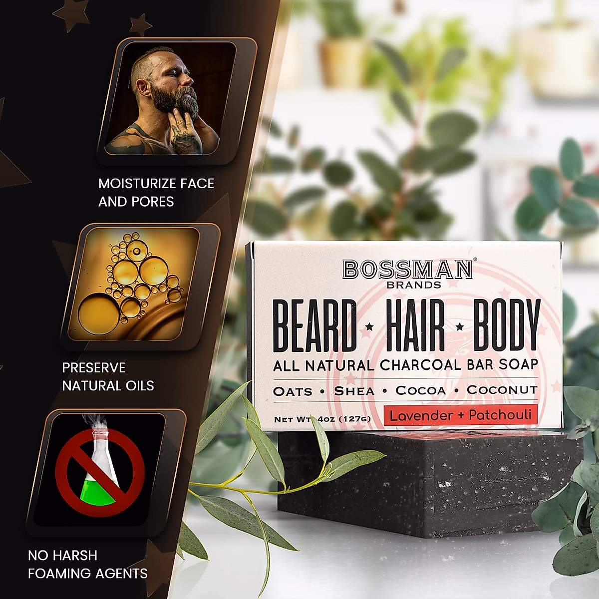 Bossman Men's Bar Soap 4 in 1 Beard Wash, Shampoo, Body Wash and Conditioner, 4 oz