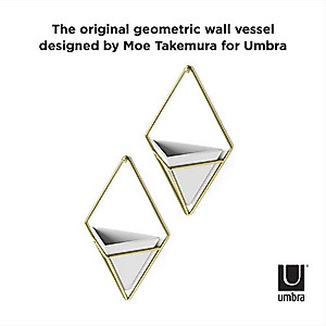 Umbra Trigg Hanging Planter Vase & Geometric Wall Decor Container - Great For Succulent Plants, Air Plant, Mini Cactus, Faux Plants and More, White Ceramic/Brass (Set of 2), Small