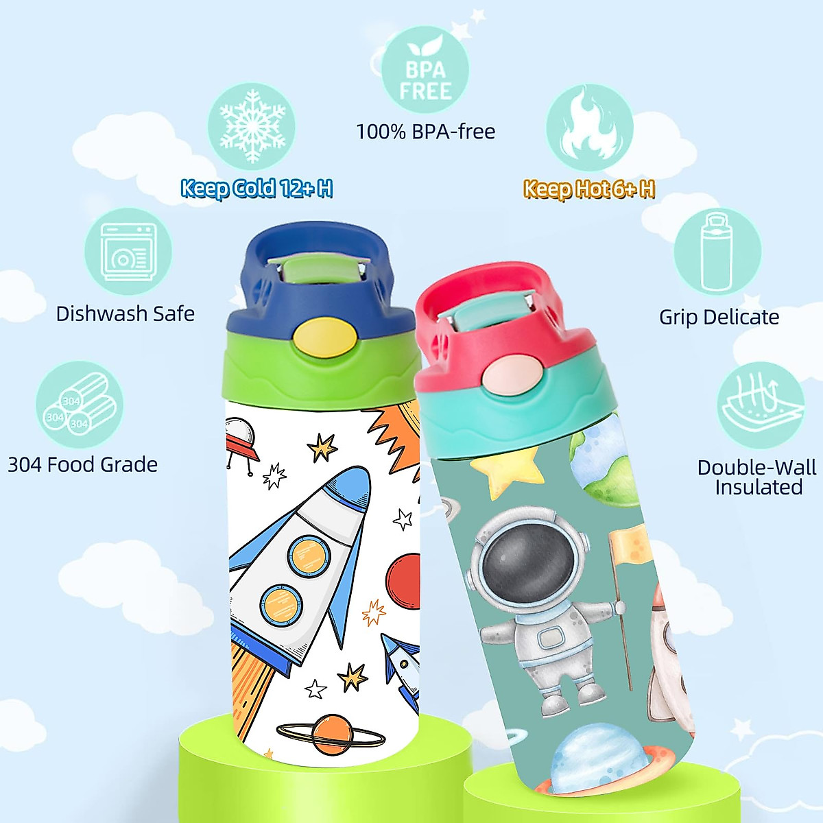 HIZEE 12 oz Sublimation Tumbler,6 Pack Sublimation Straw Sippy Cup Blank with One-click Pop-up Straw and Handle,Spill Proof Stainless Steel Thermos Water Bottles for School,Milk, Soda, Juice, Drinks