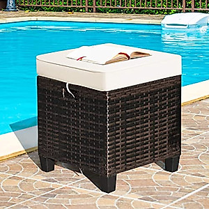 Tangkula 2 Pieces Outdoor Patio Ottoman, All Weather Rattan Wicker Ottoman Seat, Patio Rattan Furniture, Outdoor Footstool Footrest Seat w/Removable Cushions (Cream)