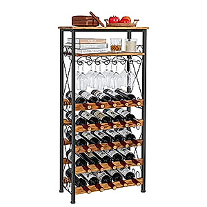 Floor Wine Rack 25 Bottles with Wine Glass Holder Rack, Freestanding Wine Rack with Table Top and Open Shelf, Wobble-Free Wine Bottle Organizer Shelf, Wine Display Storage Stand for Kitchen Pantry Bar
