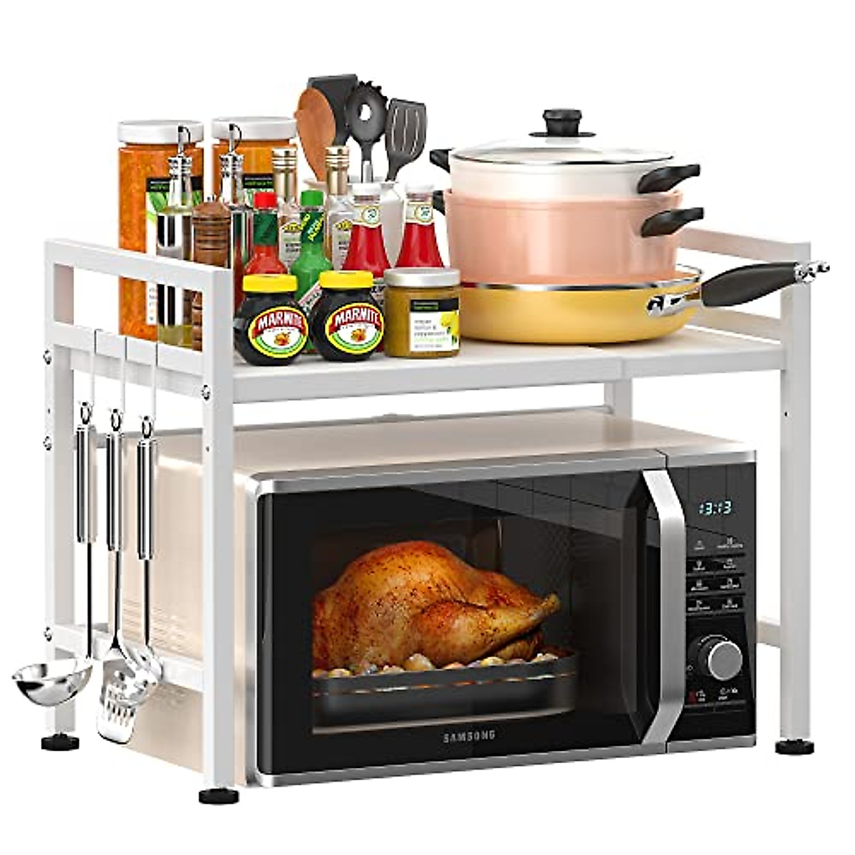 PUSDON Extendable Microwave Oven Rack, Adjustable Microwave/Toaster Shelf Heavy Duty Stand Kitchen Counter Top Organizer(L15.7~23.6" xW12.6 xH18.9), 2-Tier with 3 Hooks, 160lbs Weight Capacity, White